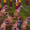 Roar & Jiggle! T-Rex Dinosaurs Cheerleading In A Football Match Will ...